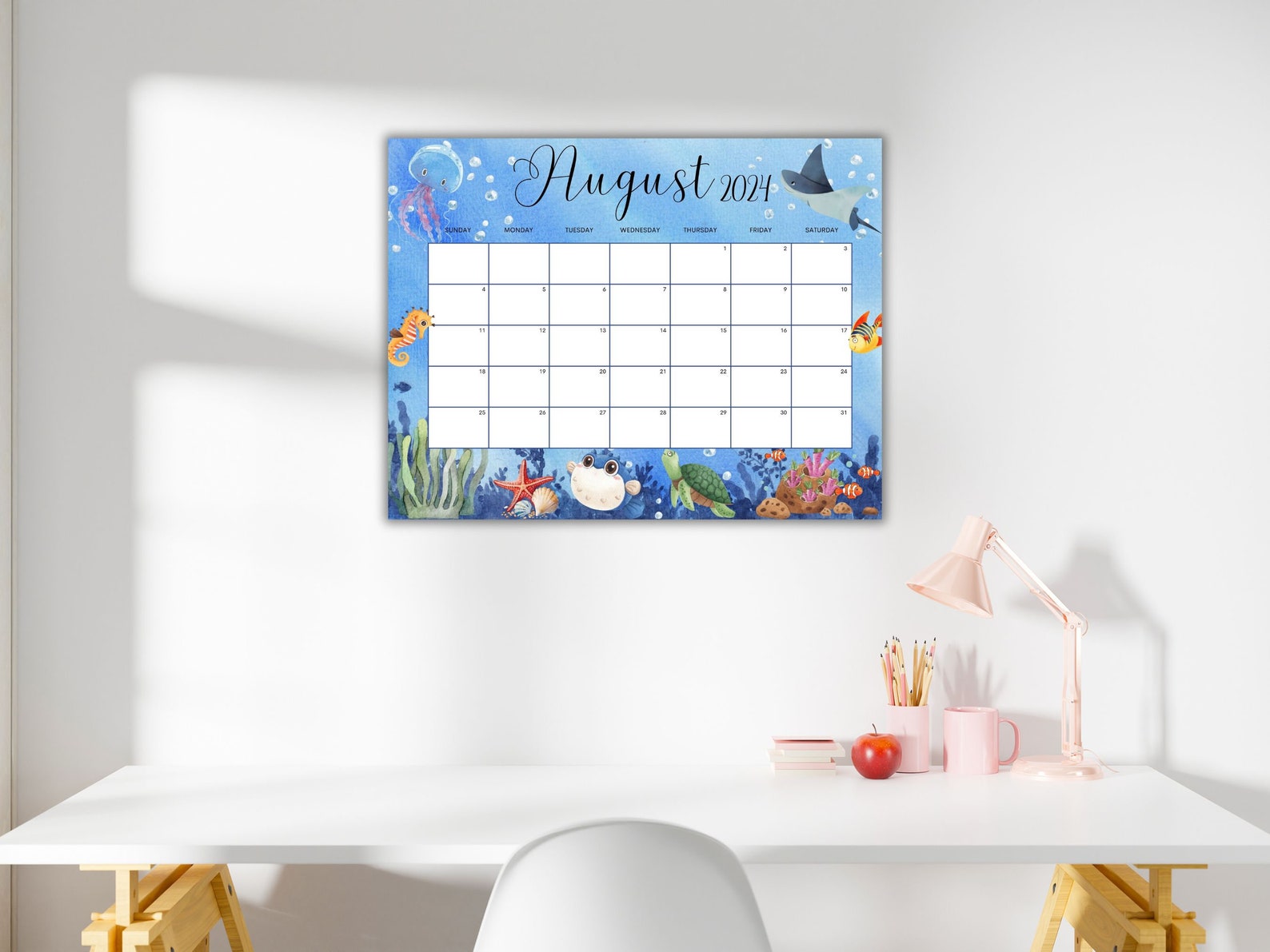 Editable August 2024 Calendar, Cute Undersea Animals, Summer Schedule ...