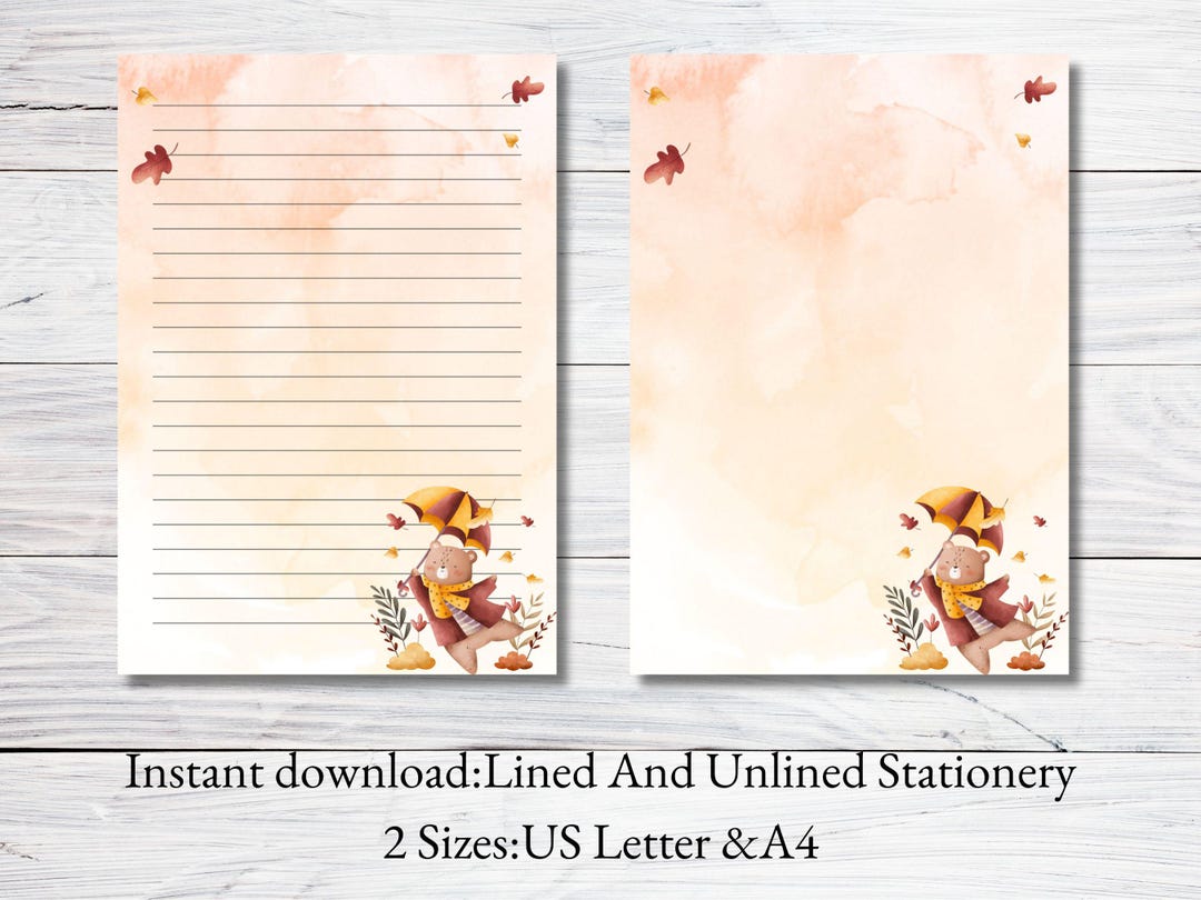 Autumn Printable Stationery, Printable Writing Paper With Cute Bear in ...