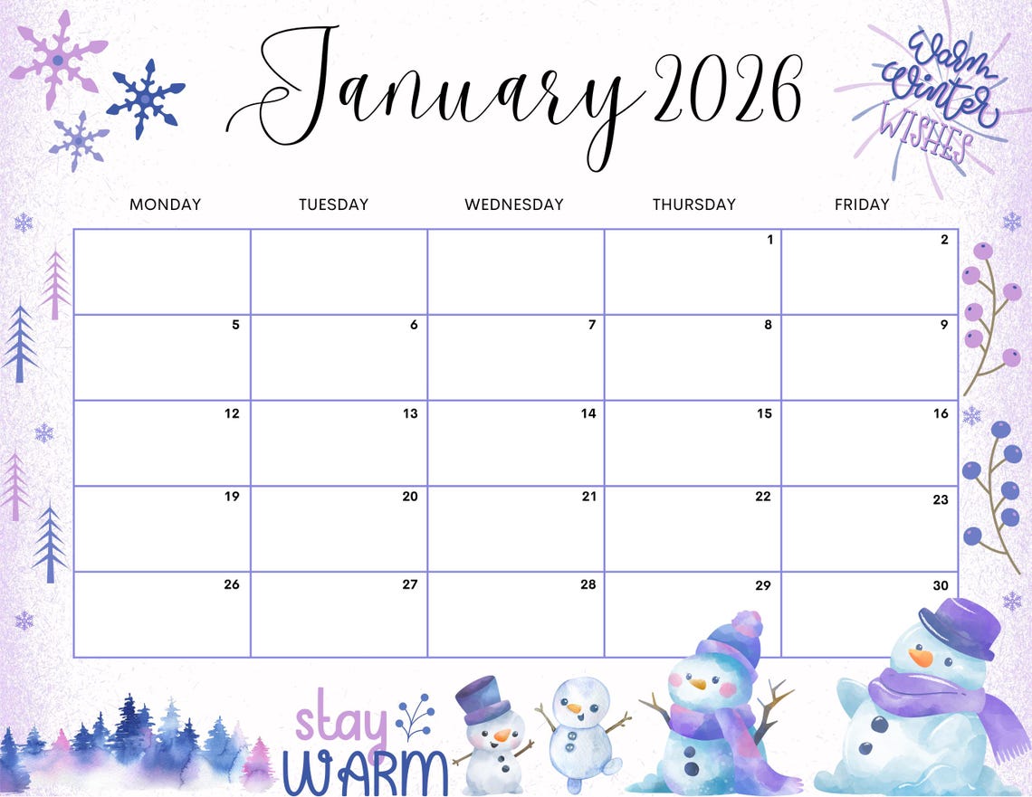 Editable January 2026 Calendar | Monthly Planner for Kids, School, Work ...