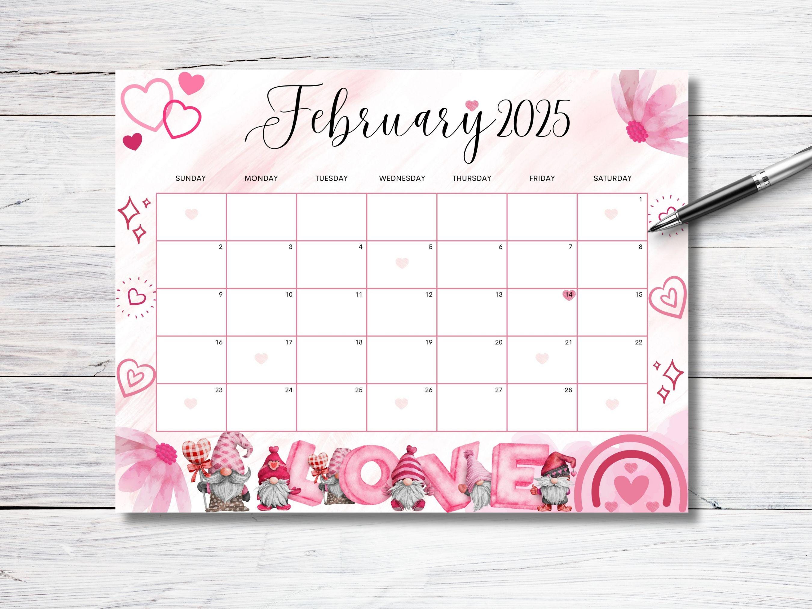 EDITABLE February 2025 Calendar, Sweet Valentine 2025 With Cute Gnomes ...
