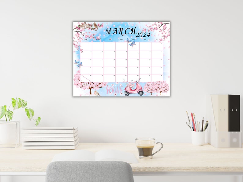 EDITABLE March 2024 Calendar, Beautiful Spring W/ Cherry Blossom, St ...