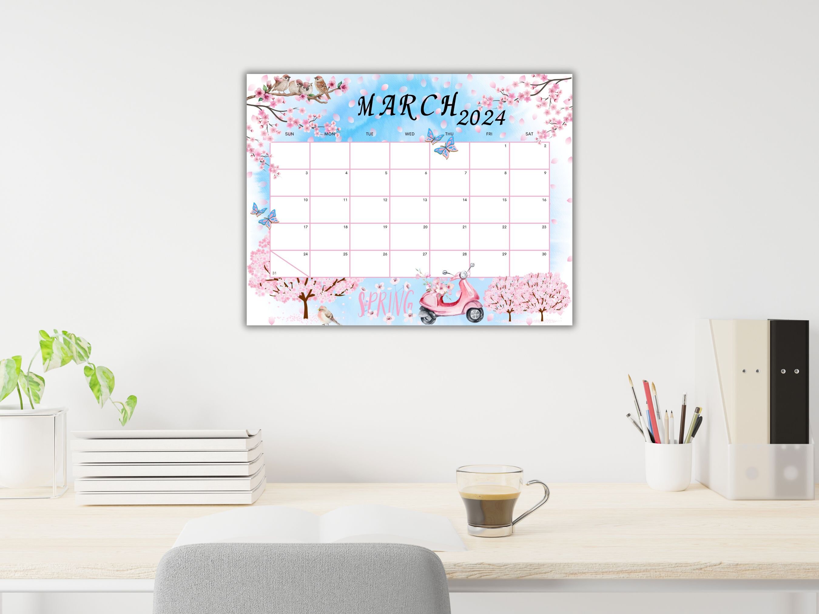 EDITABLE March 2024 Calendar, Beautiful Spring W/ Cherry Blossom, St ...