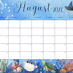 Editable August 2024 Calendar, Cute Undersea Animals, Summer Schedule ...