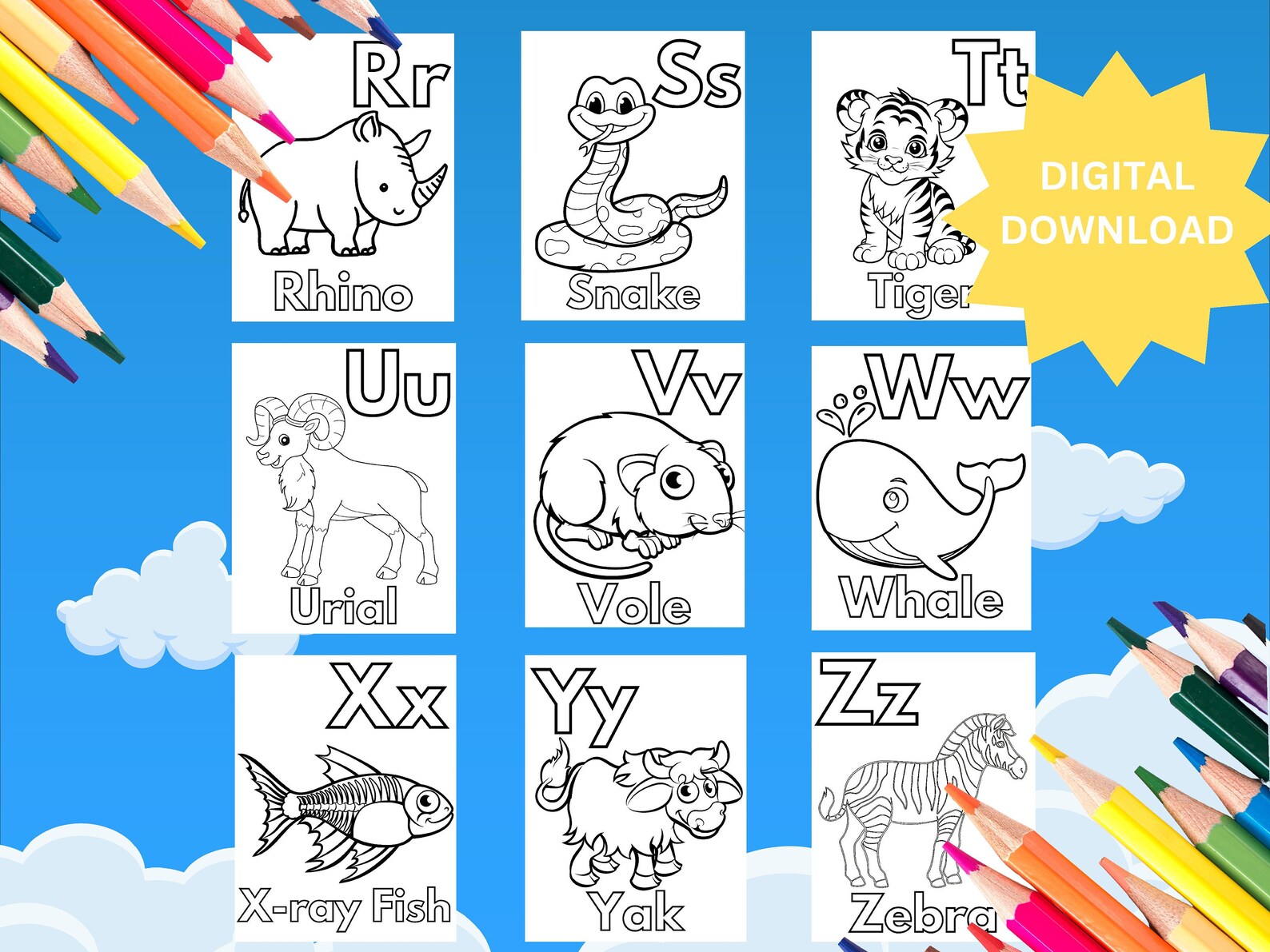 Animal Alphabet Coloring Pages, Printable ABC Animal Coloring Book ...
