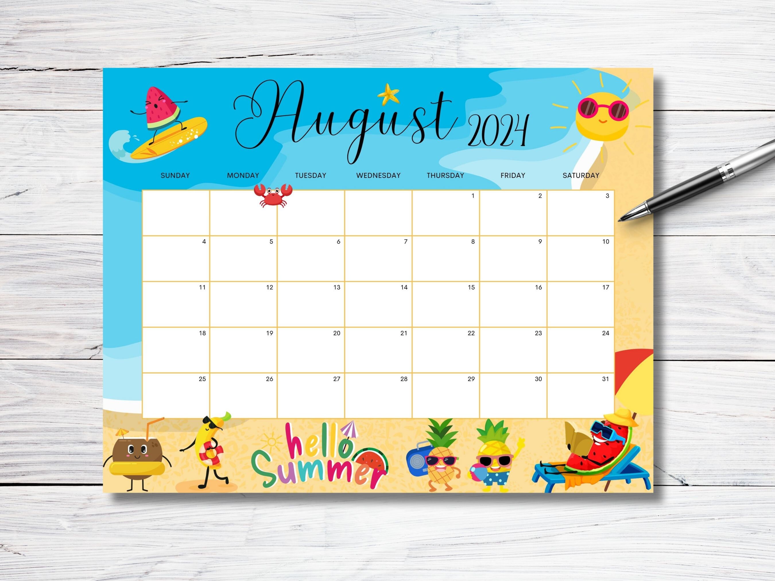 EDITABLE August 2024 Calendar, Relaxing Summer at the Beach With Summer ...
