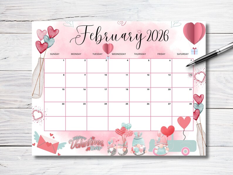 EDITABLE February 2026 Calendar, Sweet Valentine 2026 With Cute Gnomes ...