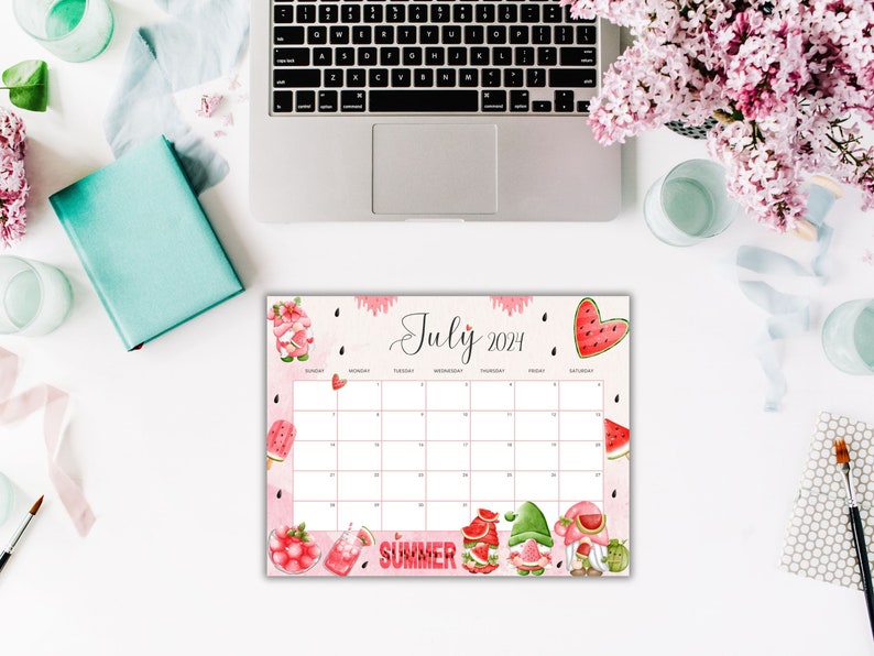 EDITABLE July 2024 Calendar, Cute Gnomes W/sweet & Colorful Watermelon ...