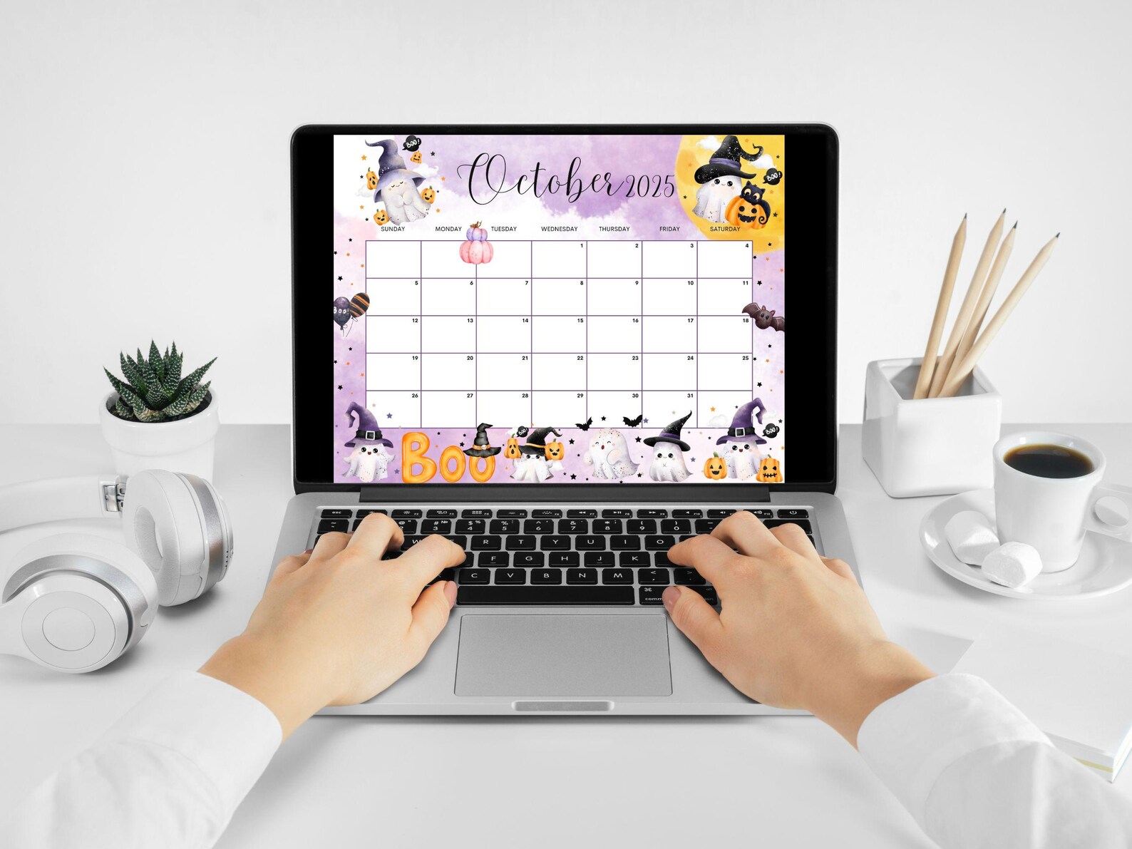 Editable October 2025 Calendar, Spooky Halloween W/ Cute Ghosts ...