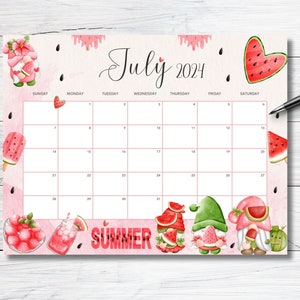 EDITABLE July 2024 Calendar, Cute Gnomes W/sweet & Colorful Watermelon ...