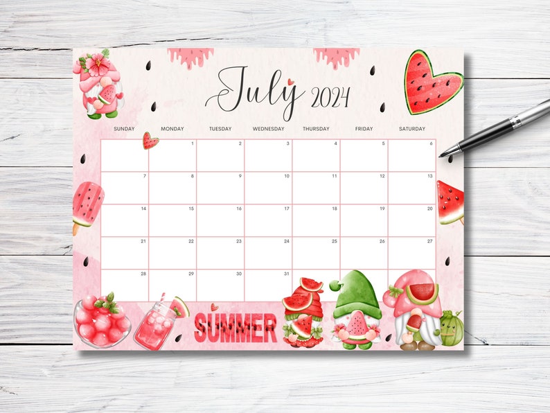 EDITABLE July 2024 Calendar, Cute Gnomes W/sweet & Colorful Watermelon ...