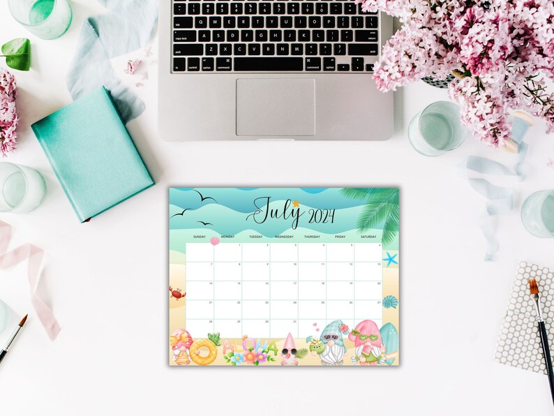 EDITABLE JULY 2024 Calendar, Relaxing Summer at the Beach With Cute ...