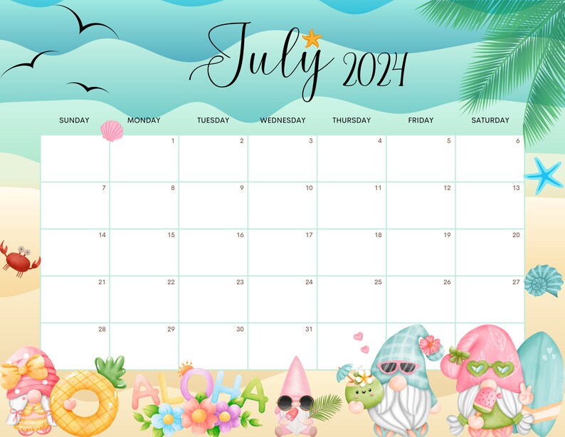 EDITABLE JULY 2024 Calendar, Relaxing Summer at the Beach With Cute ...