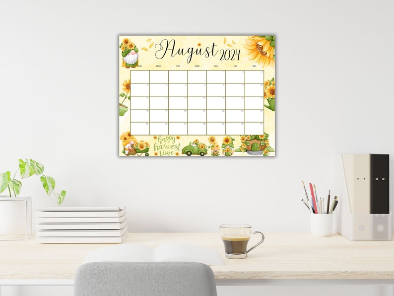 EDITABLE August 2024 Calendar, Sunflower Gnome Garden Planner, Monthly ...