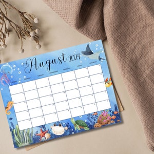 Editable August 2024 Calendar, Cute Undersea Animals, Summer Schedule ...