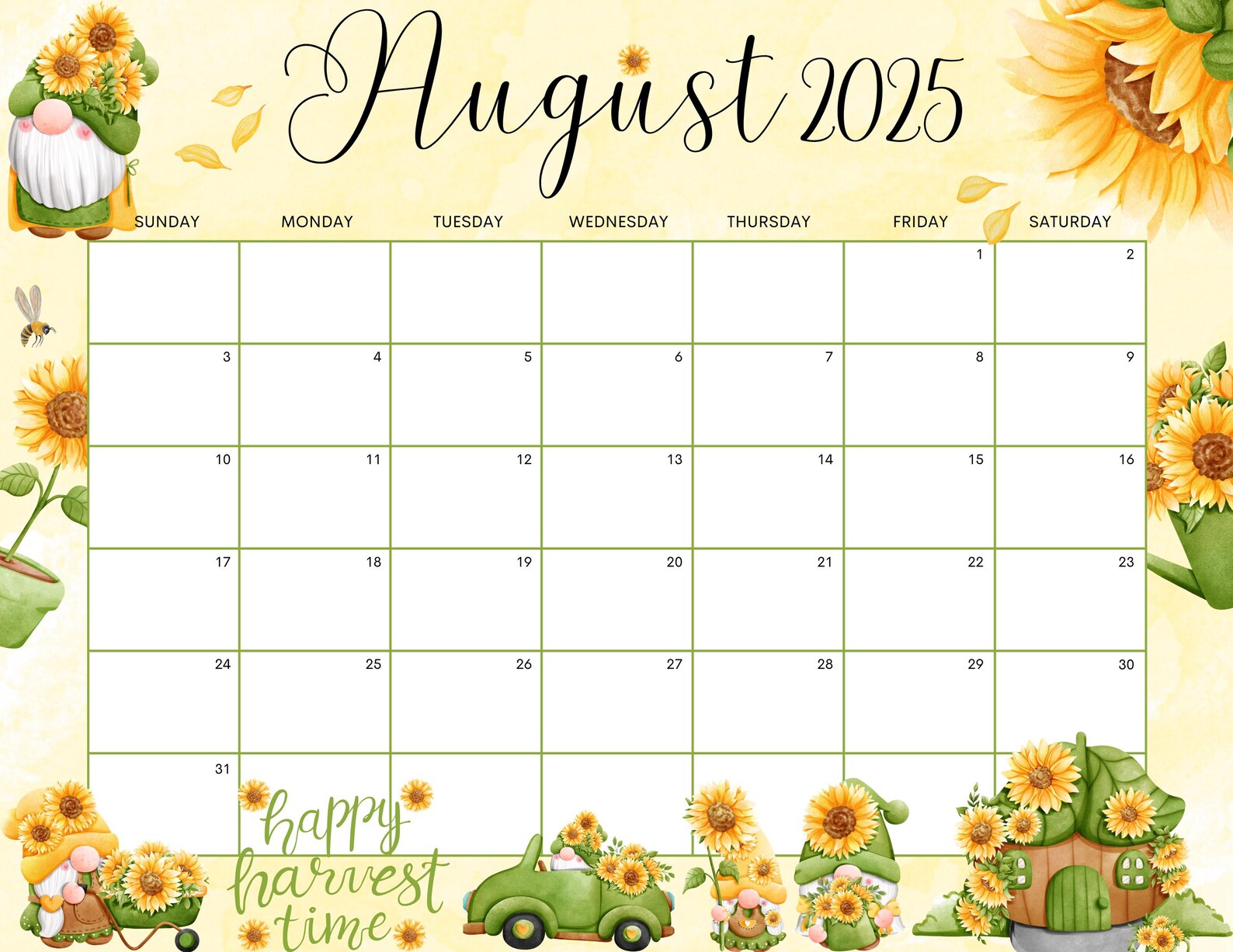 EDITABLE August 2025 Calendar, Sunflower Gnome Garden Planner, Monthly ...