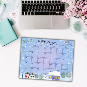 Editable January Calendar 2024, Printable Wall Calendar 2024, Cute ...