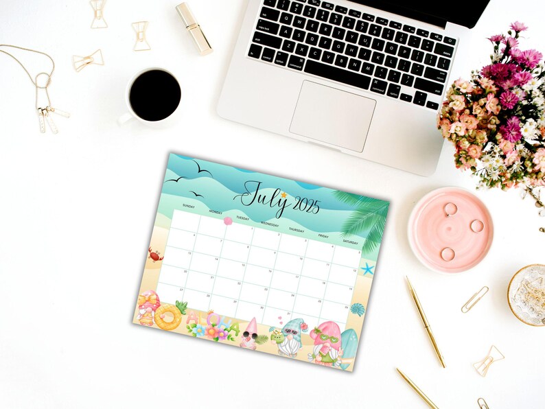 EDITABLE JULY 2025 Calendar, Relaxing Summer at the Beach With Cute ...