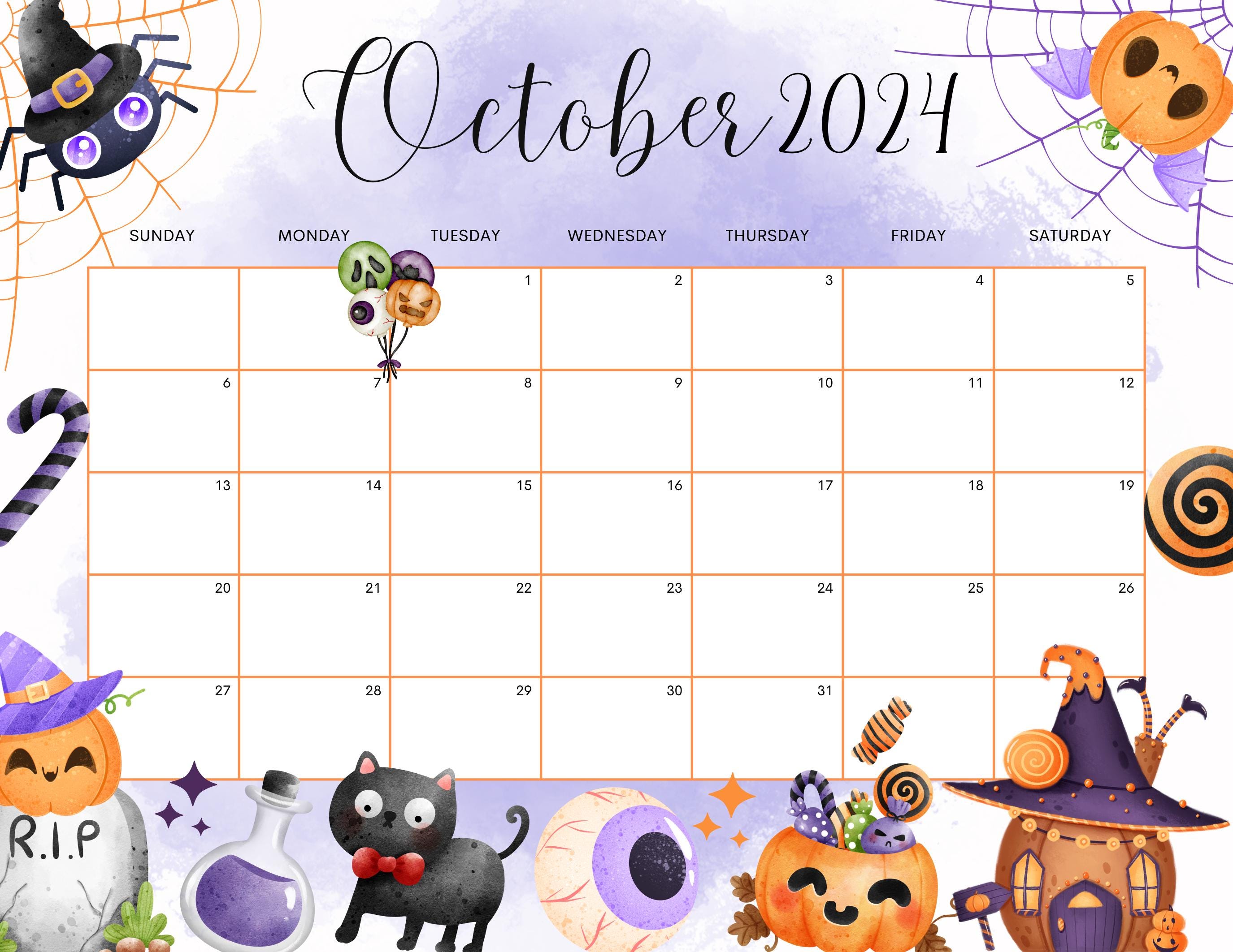 EDITABLE October 2024 Calendar, Cute Spooky Halloween 2024 Planner ...