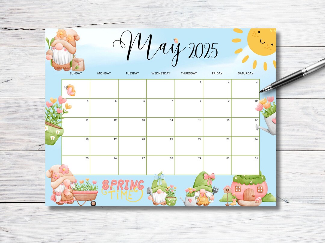 EDITABLE May 2025 Calendar, Cute Spring Gnomes Planner, Monthly Kids ...