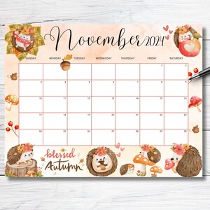 EDITABLE November 2024 Calendar, Beautiful Autumn With Cute Hedgehog ...
