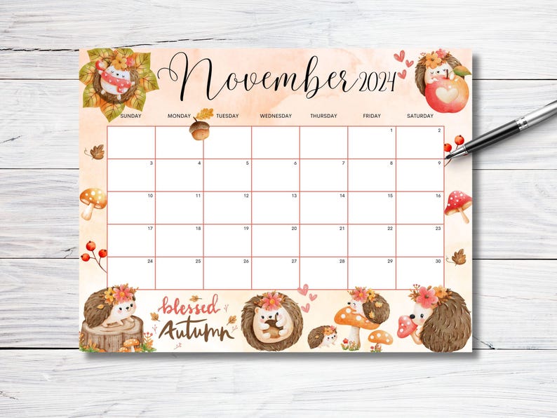 EDITABLE November 2024 Calendar, Beautiful Autumn With Cute Hedgehog ...