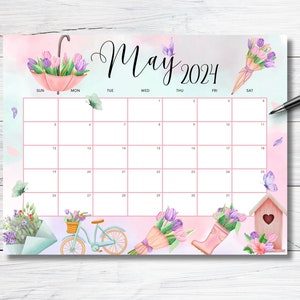 EDITABLE May 2024 Calendar, Watercolor Garden Spring Vibe, Mother's Day ...