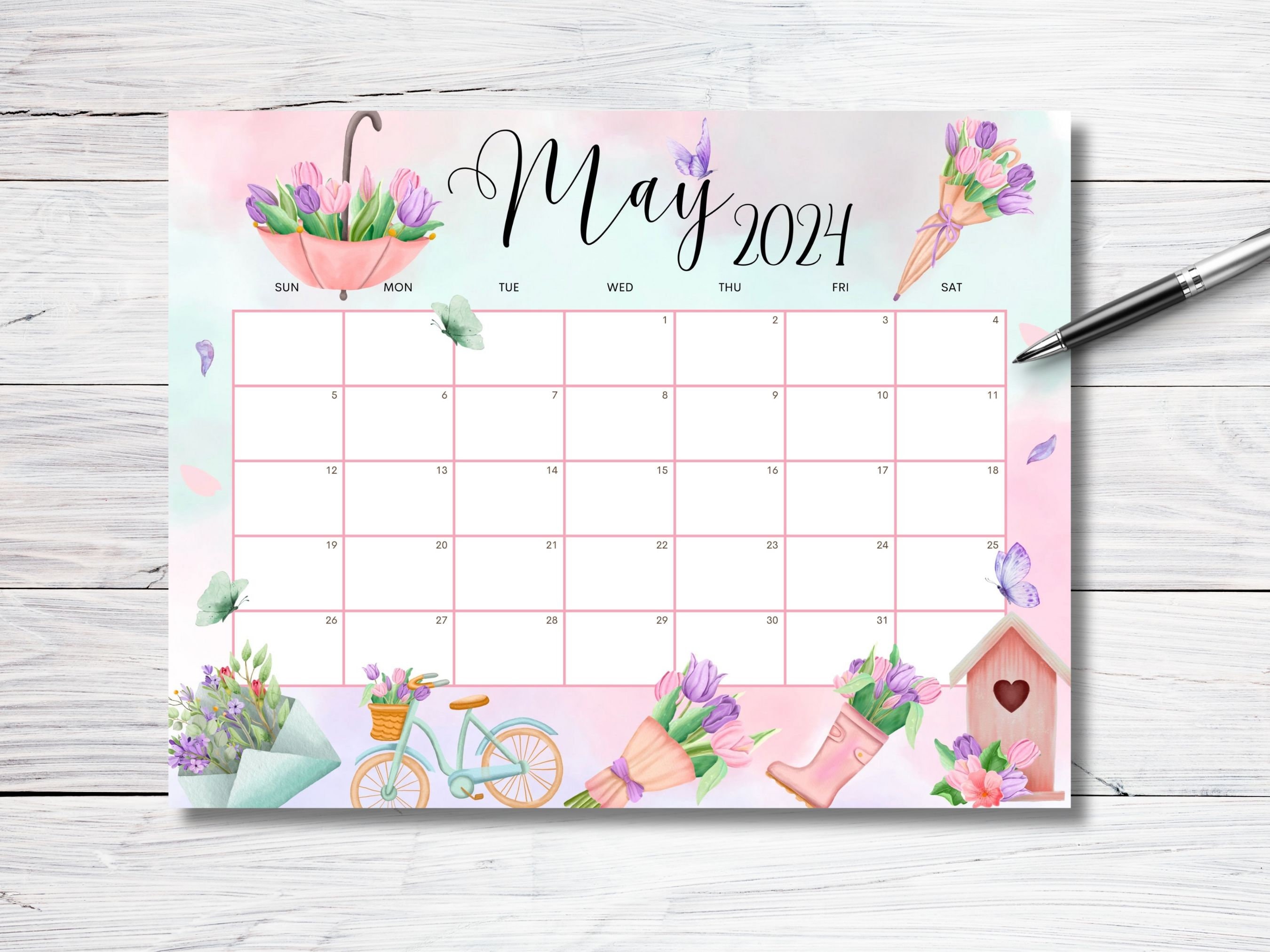EDITABLE May 2024 Calendar, Watercolor Garden Spring Vibe, Mother's Day ...