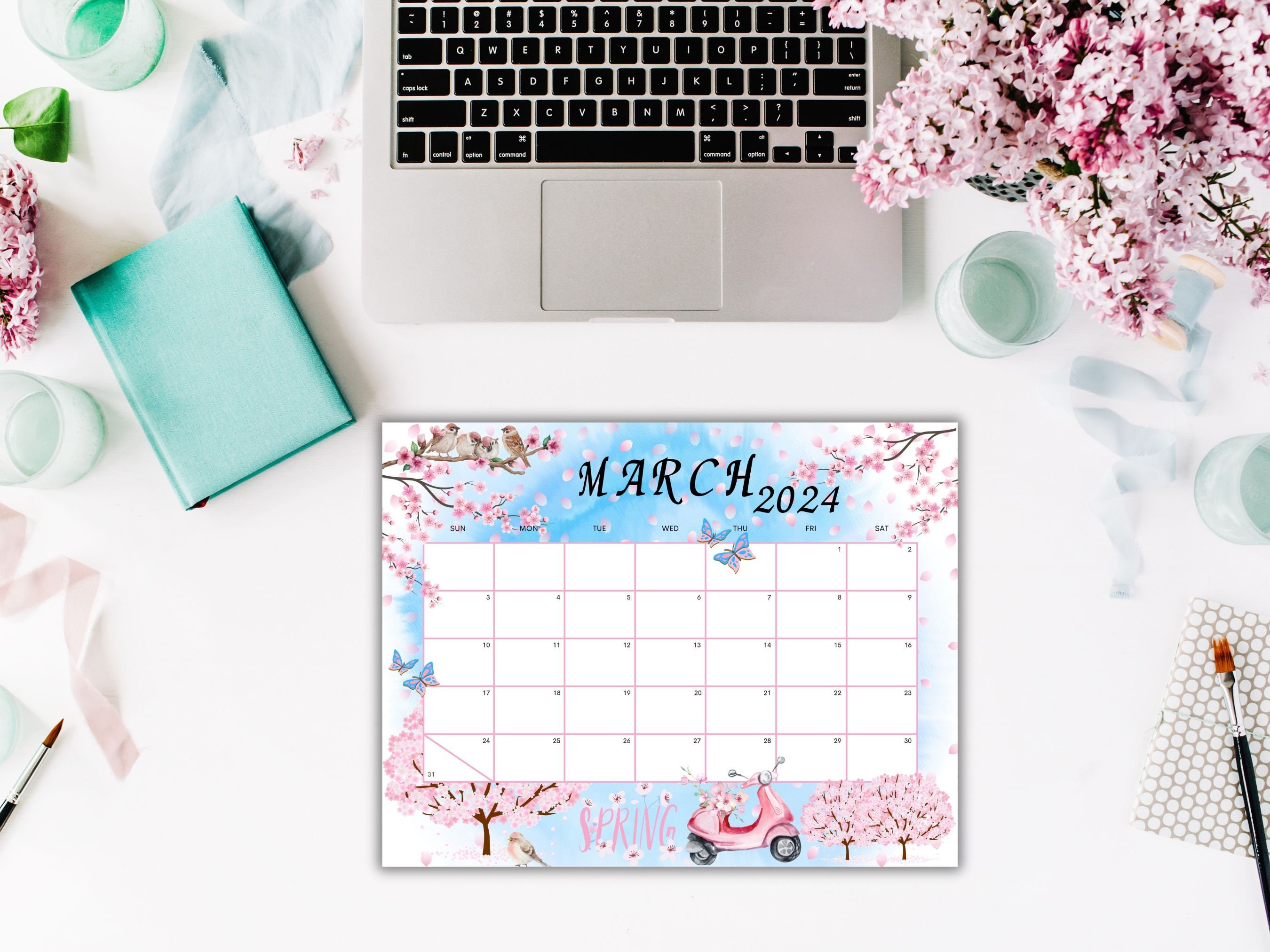 EDITABLE March 2024 Calendar, Beautiful Spring W/ Cherry Blossom, St ...