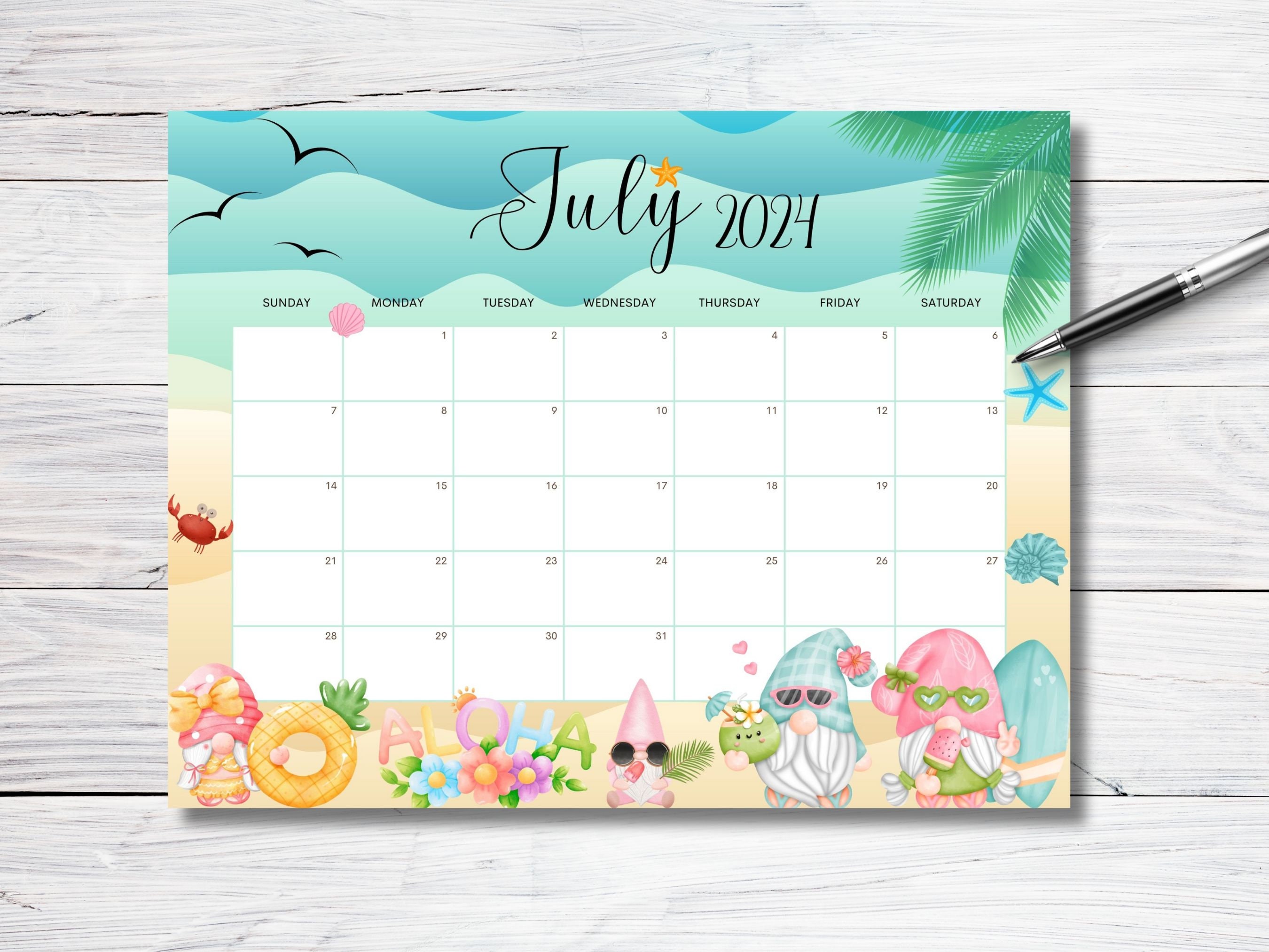EDITABLE JULY 2024 Calendar, Relaxing Summer at the Beach With Cute ...