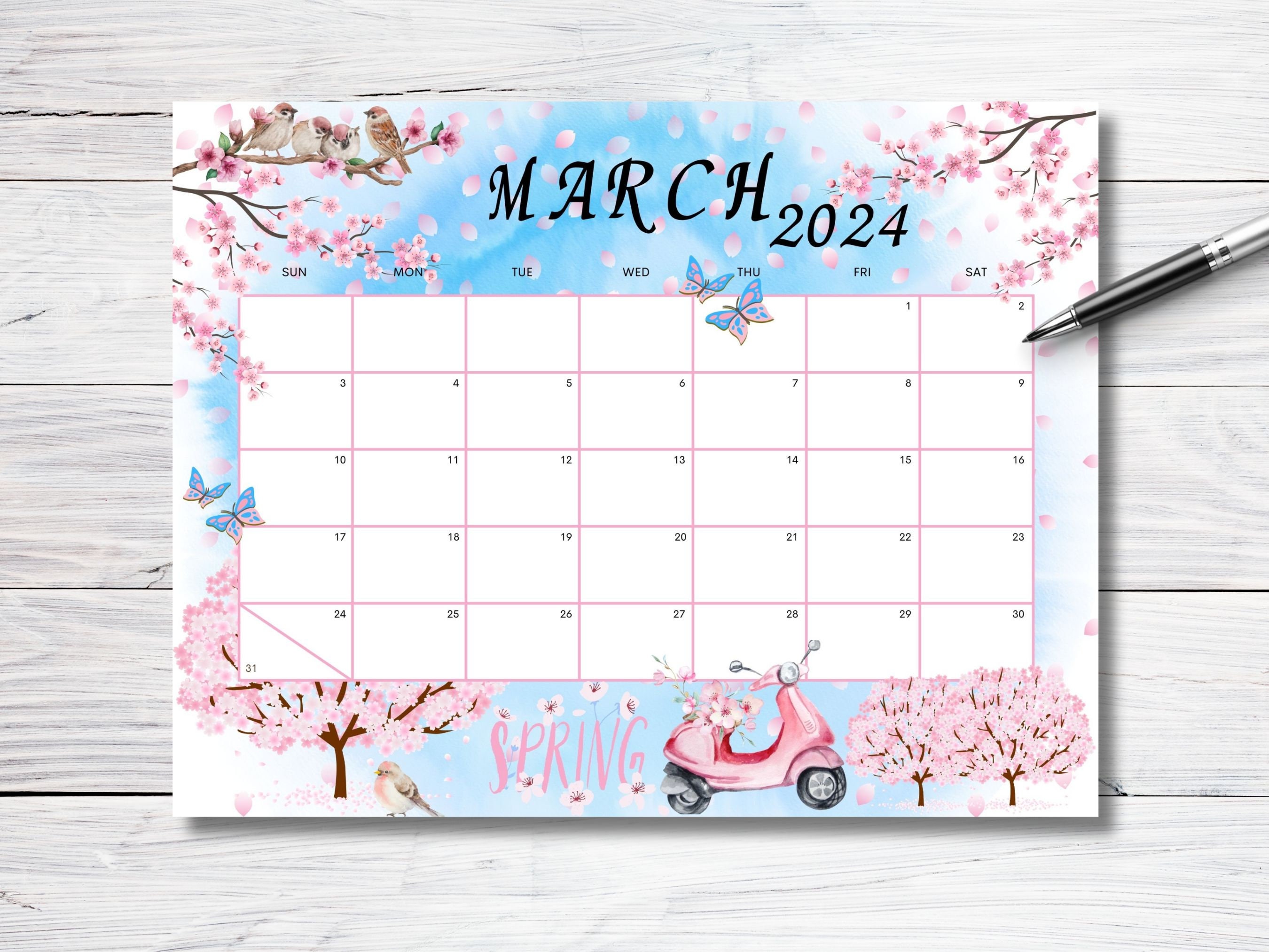 EDITABLE March 2024 Calendar, Beautiful Spring W/ Cherry Blossom, St ...