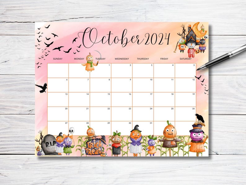 Editable October 2024 Calendar, Spooky Halloween W/ Cute Scarecrows ...