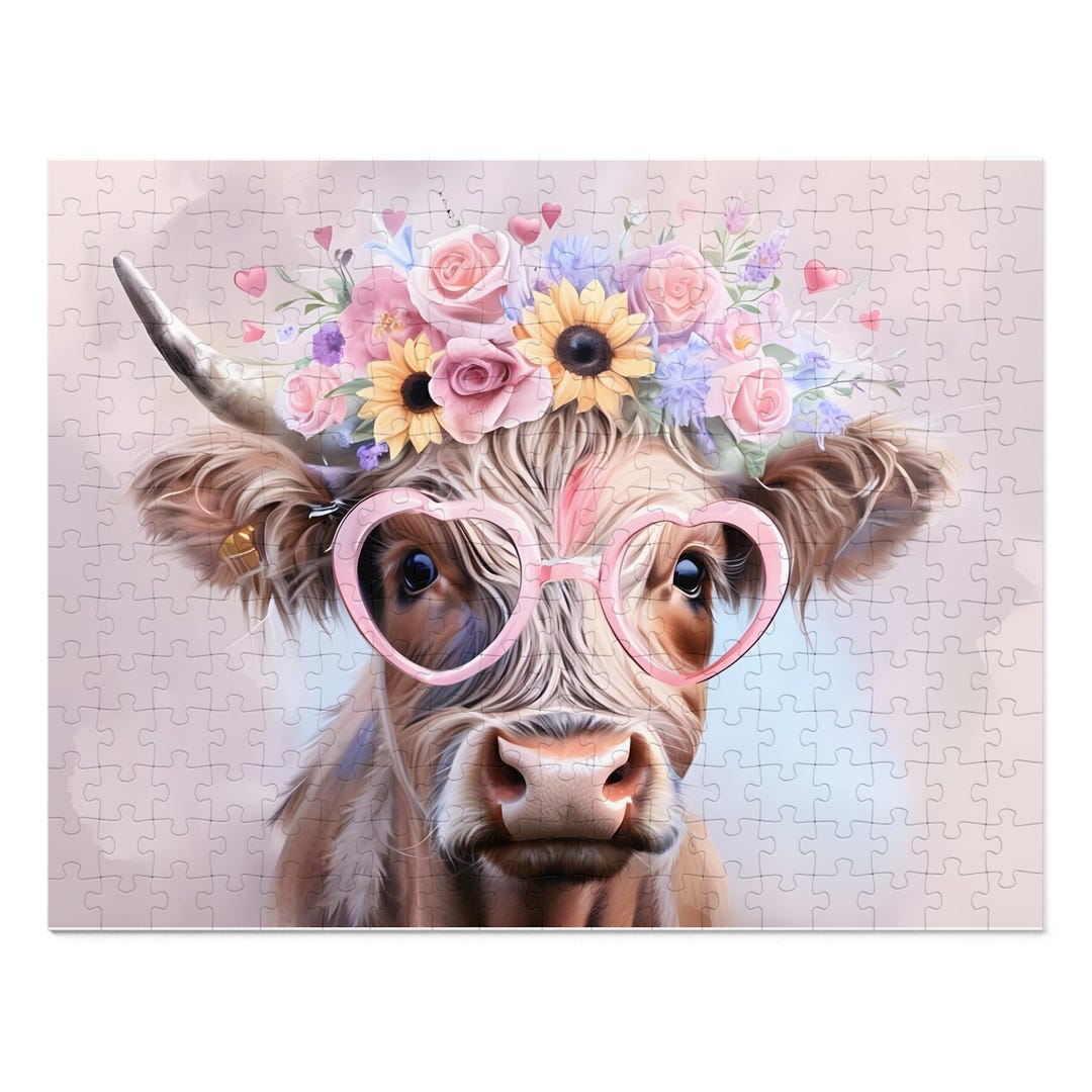 Jigsaw Puzzle: Highland Cow With Hearts, Fun Family Activity, Cute ...