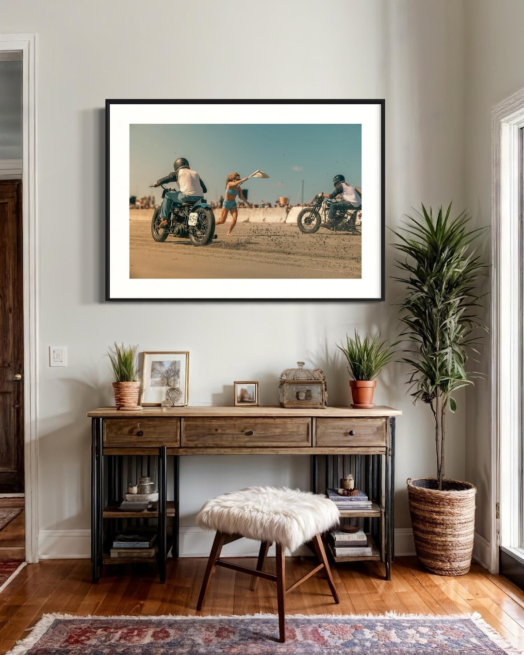 Fine Art Print - Flag Girl & Vintage Motorcycle Race Start - Beach Drag ...