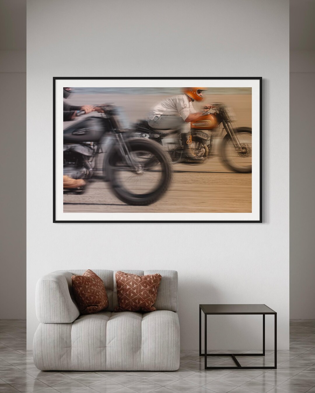 Retro Motorcycle Racing Art Print - Vintage Beach Drag Racing Scene at ...