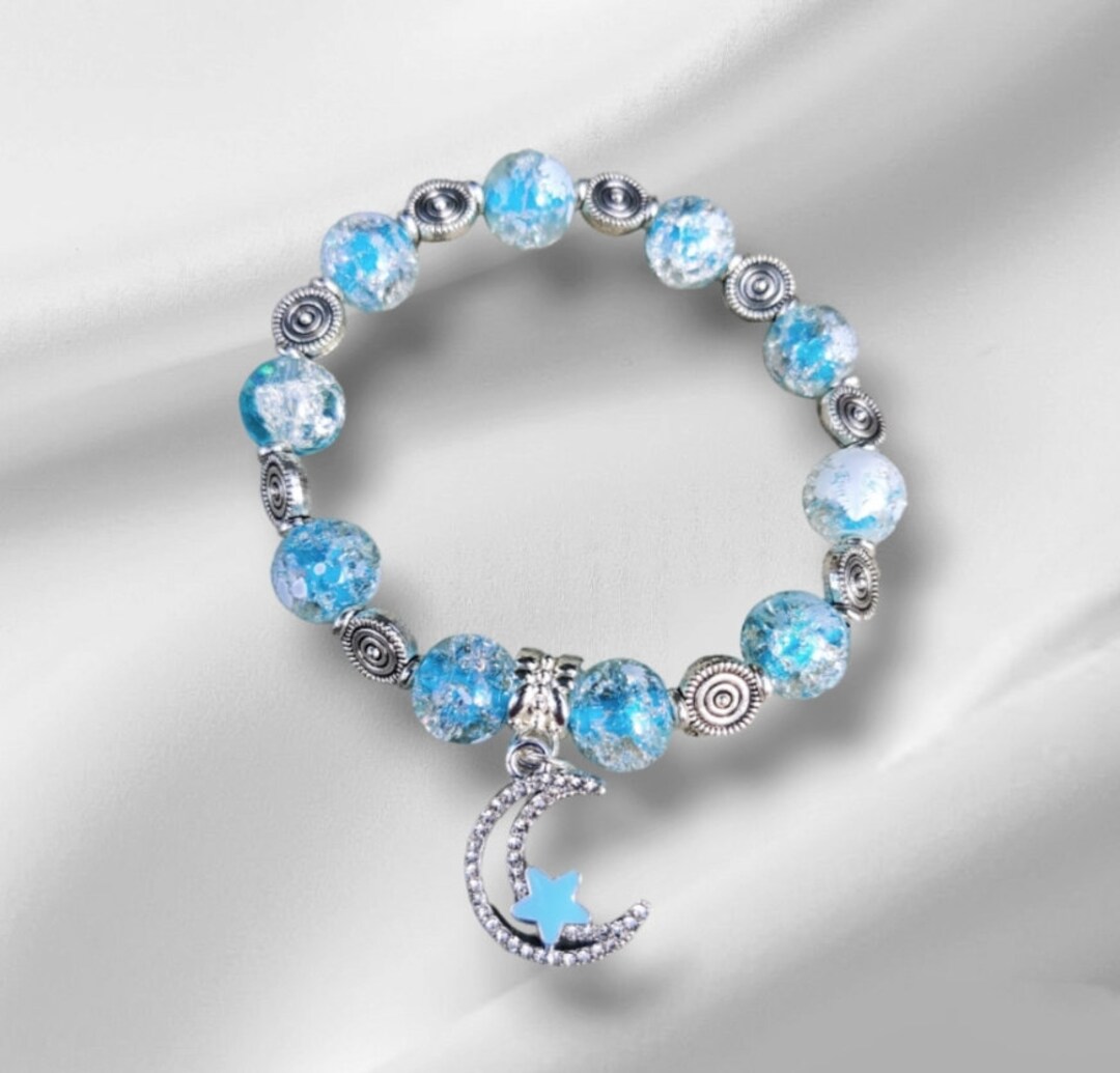 Blue and Clear Cracked Glass Beads Bracelet Moon Pendant Bracelets ...