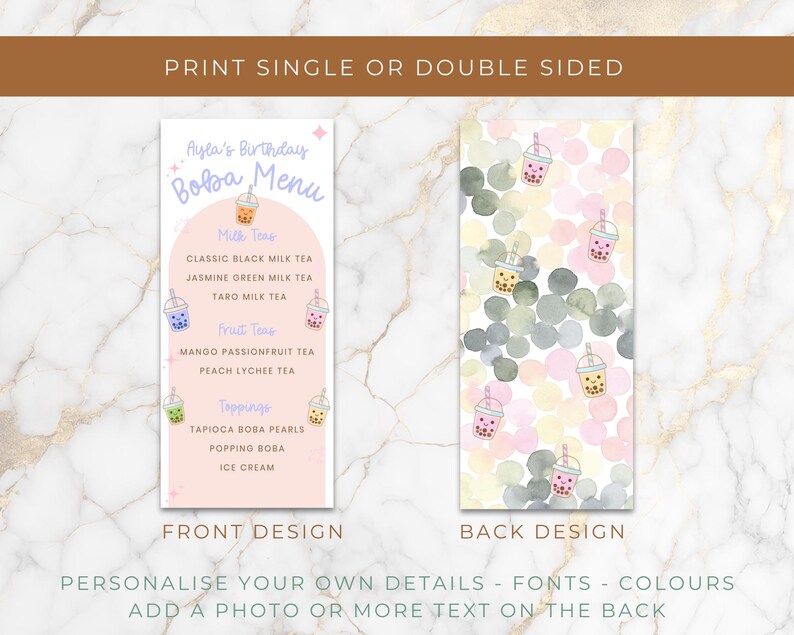 Boba Tea Birthday Drinks Menu Template | INSTANT DOWNLOAD | Bubble Tea ...