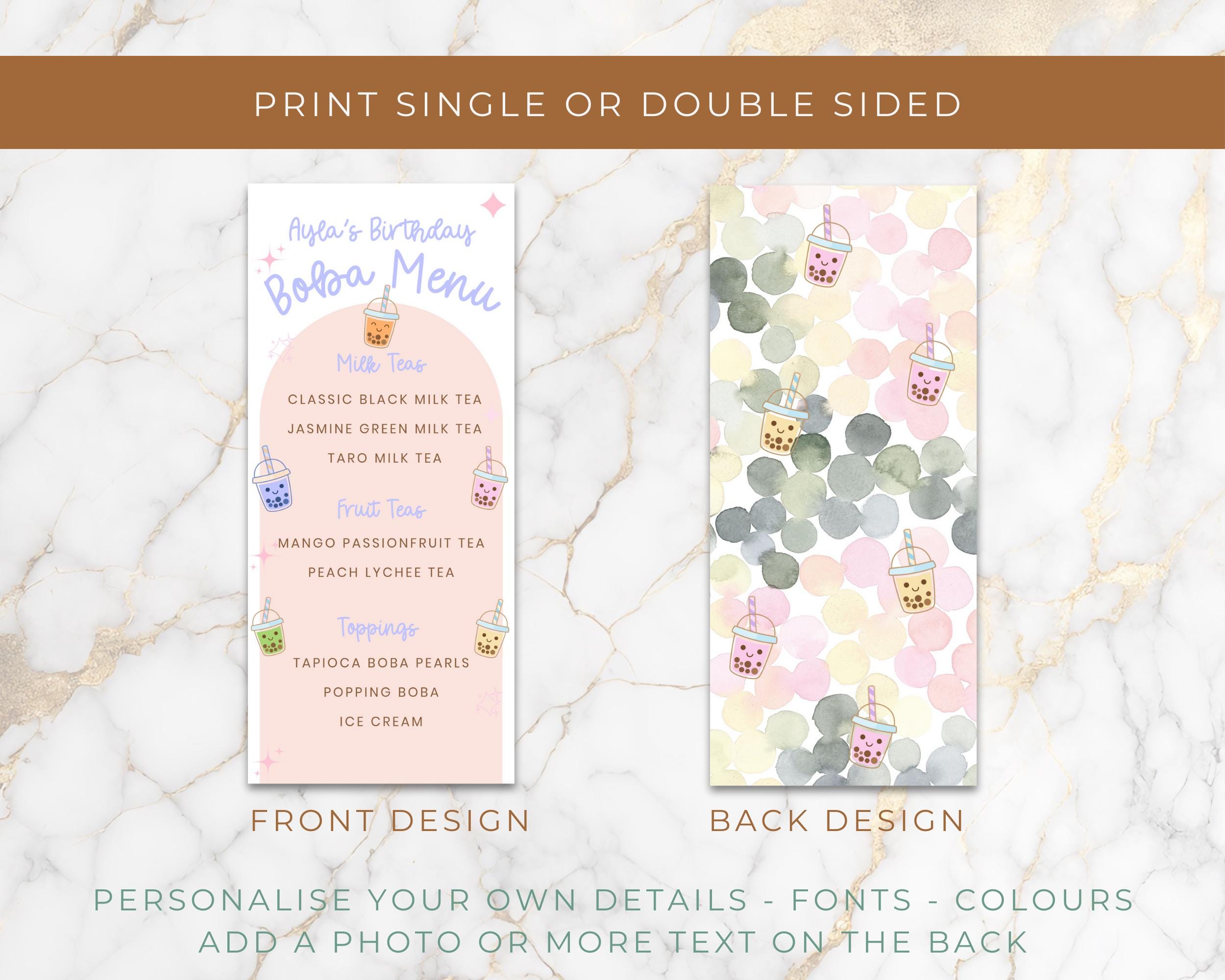 Boba Tea Birthday Drinks Menu Template | INSTANT DOWNLOAD | Bubble Tea ...