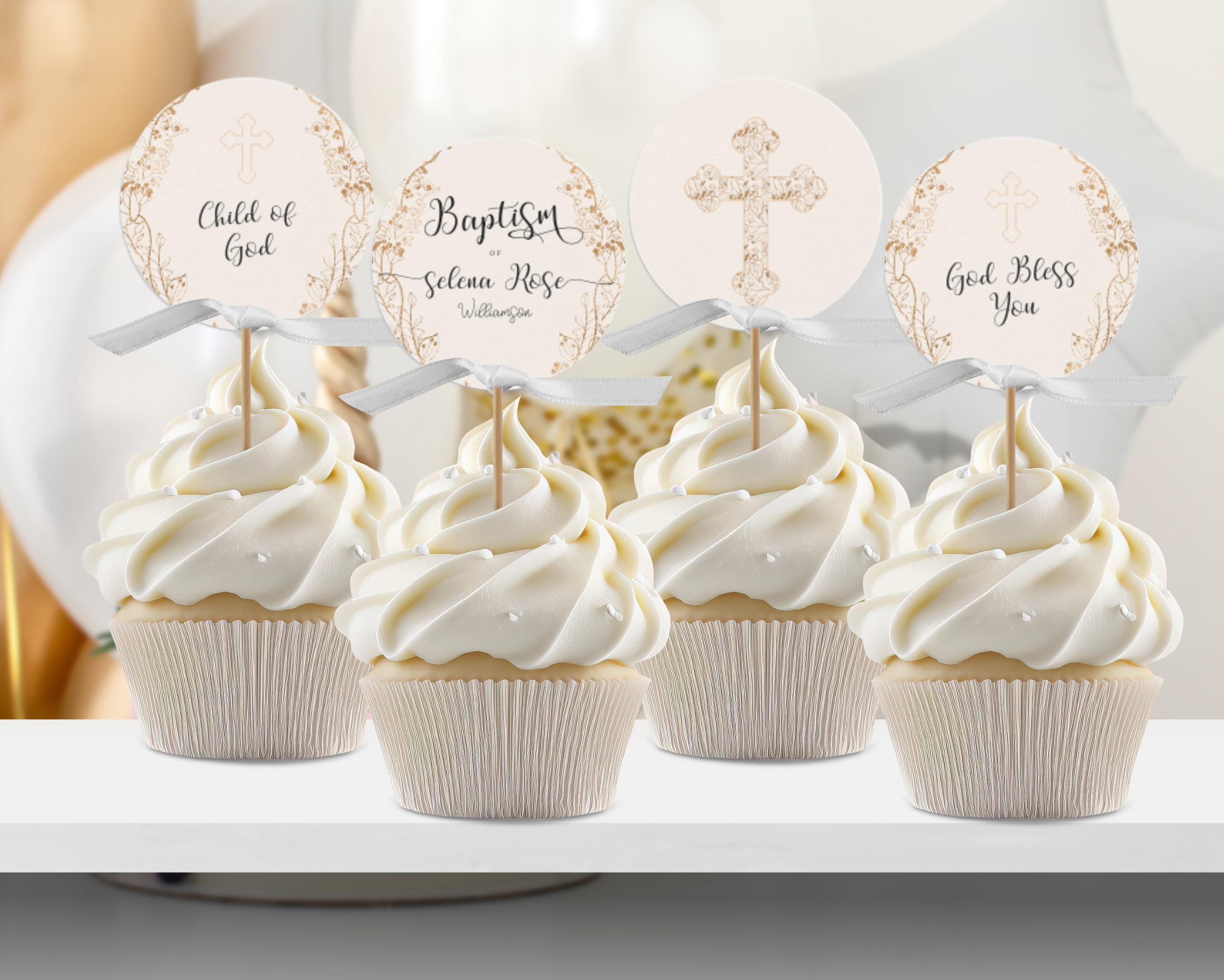 Baptism Cupcake Toppers | INSTANT DOWNLOAD | Gold Floral Cross Cake ...