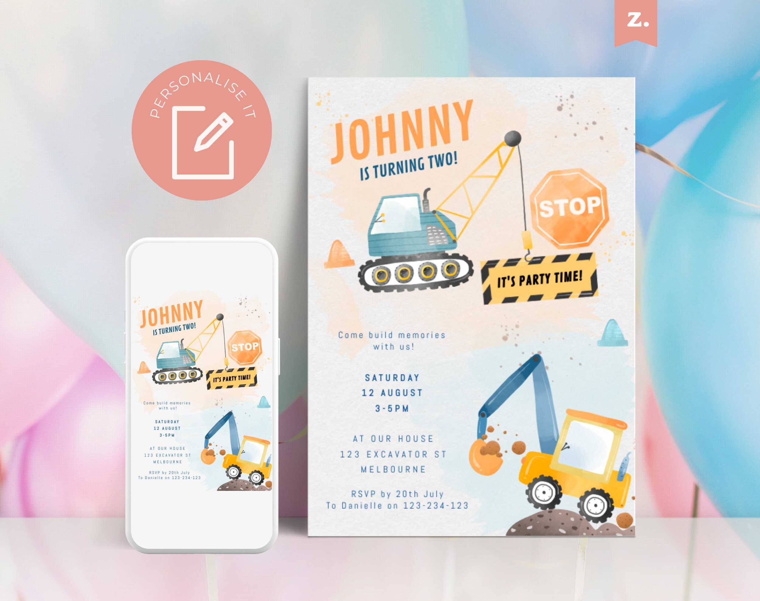 Excavator Invitation INSTANT DOWNLOAD Construction Invite Construction ...