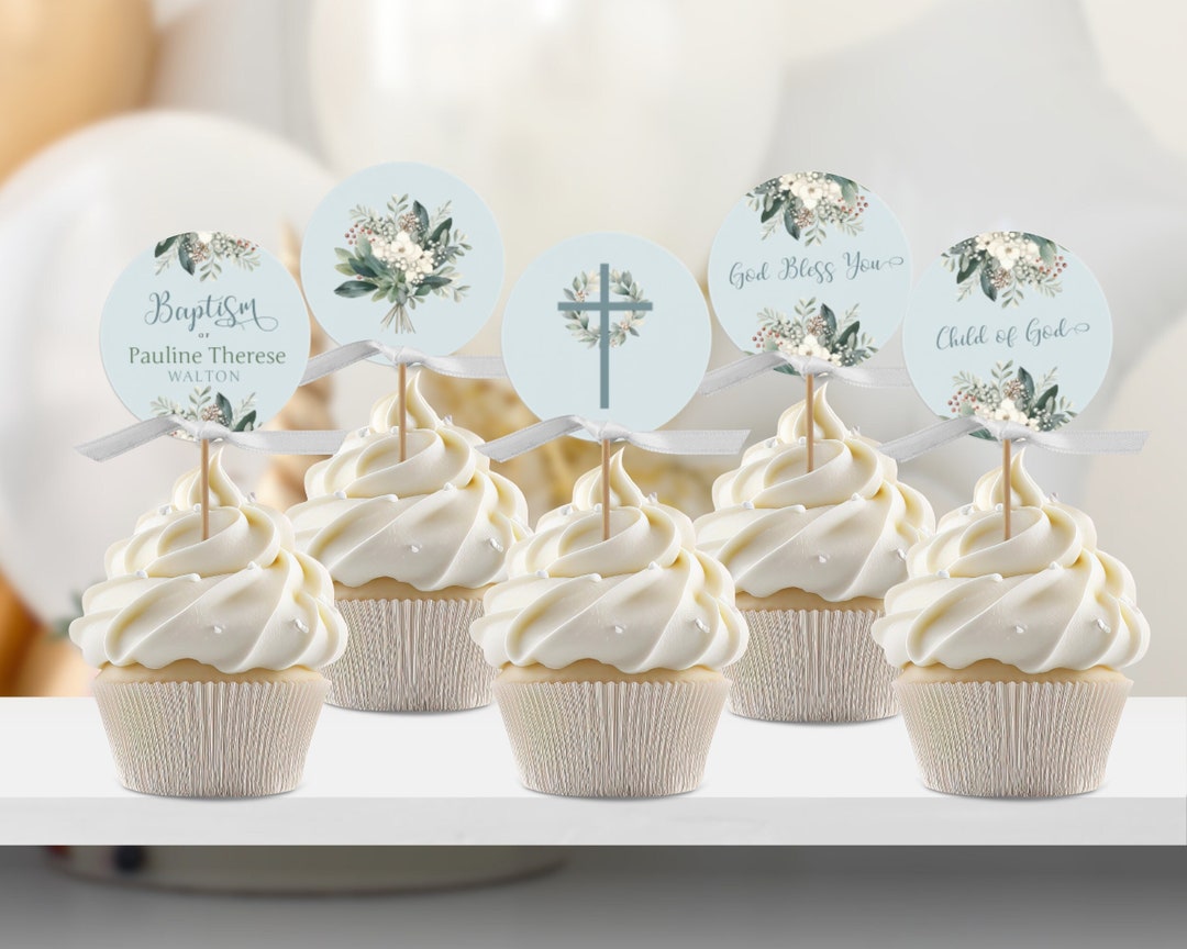 Baptism Cupcake Toppers | INSTANT DOWNLOAD | Blue Floral Cross Cake ...