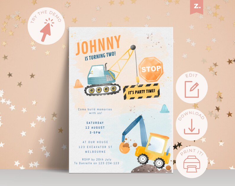 Excavator Invitation INSTANT DOWNLOAD Construction Invite - Etsy