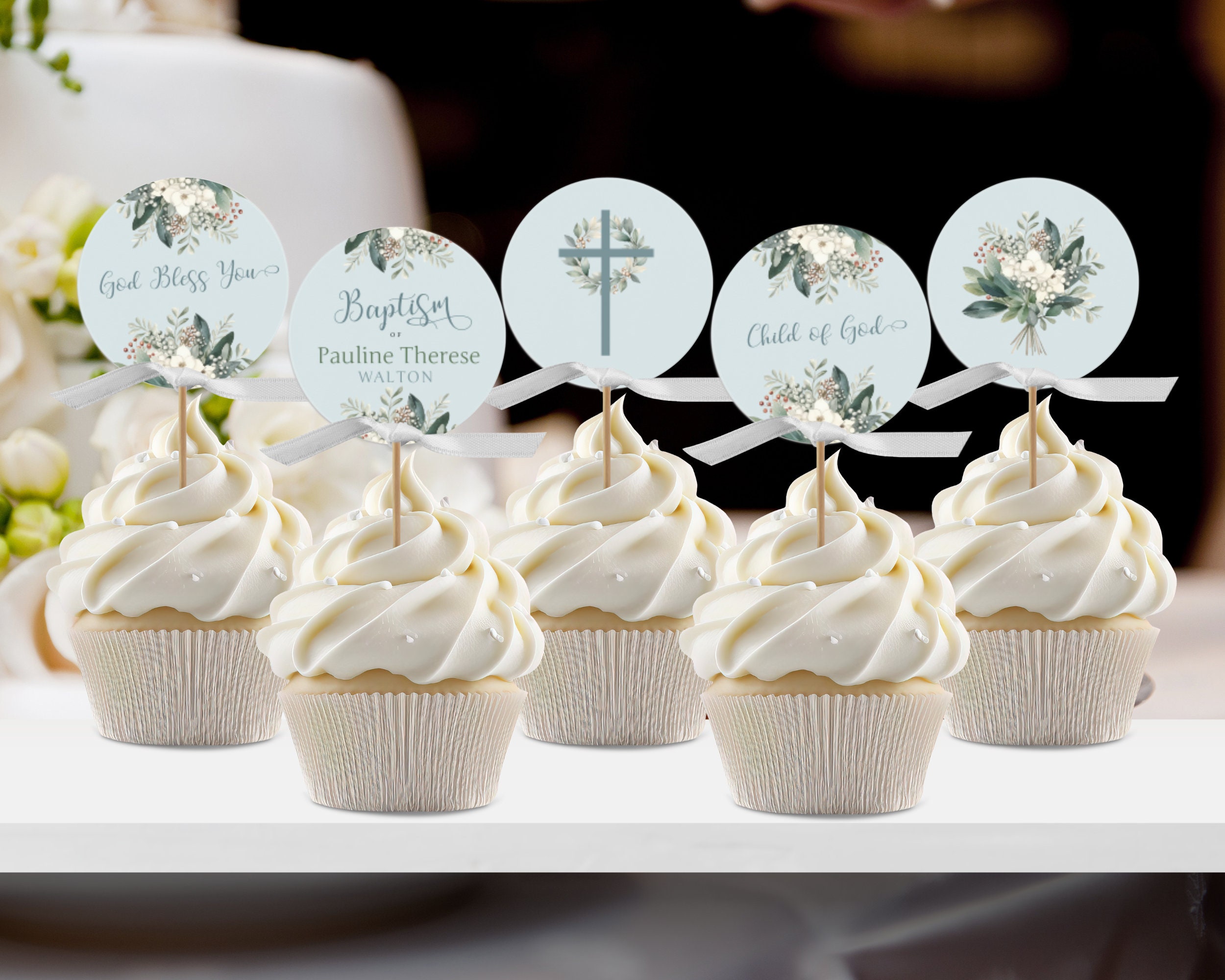 Baptism Cupcake Toppers | INSTANT DOWNLOAD | Blue Floral Cross Cake ...