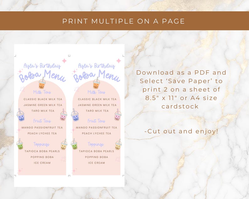 Boba Tea Birthday Drinks Menu Template | INSTANT DOWNLOAD | Bubble Tea ...