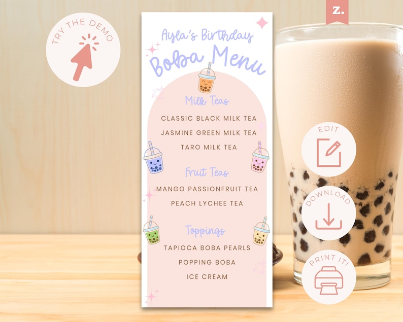 Boba Tea Birthday Drinks Menu Template | INSTANT DOWNLOAD | Bubble Tea ...