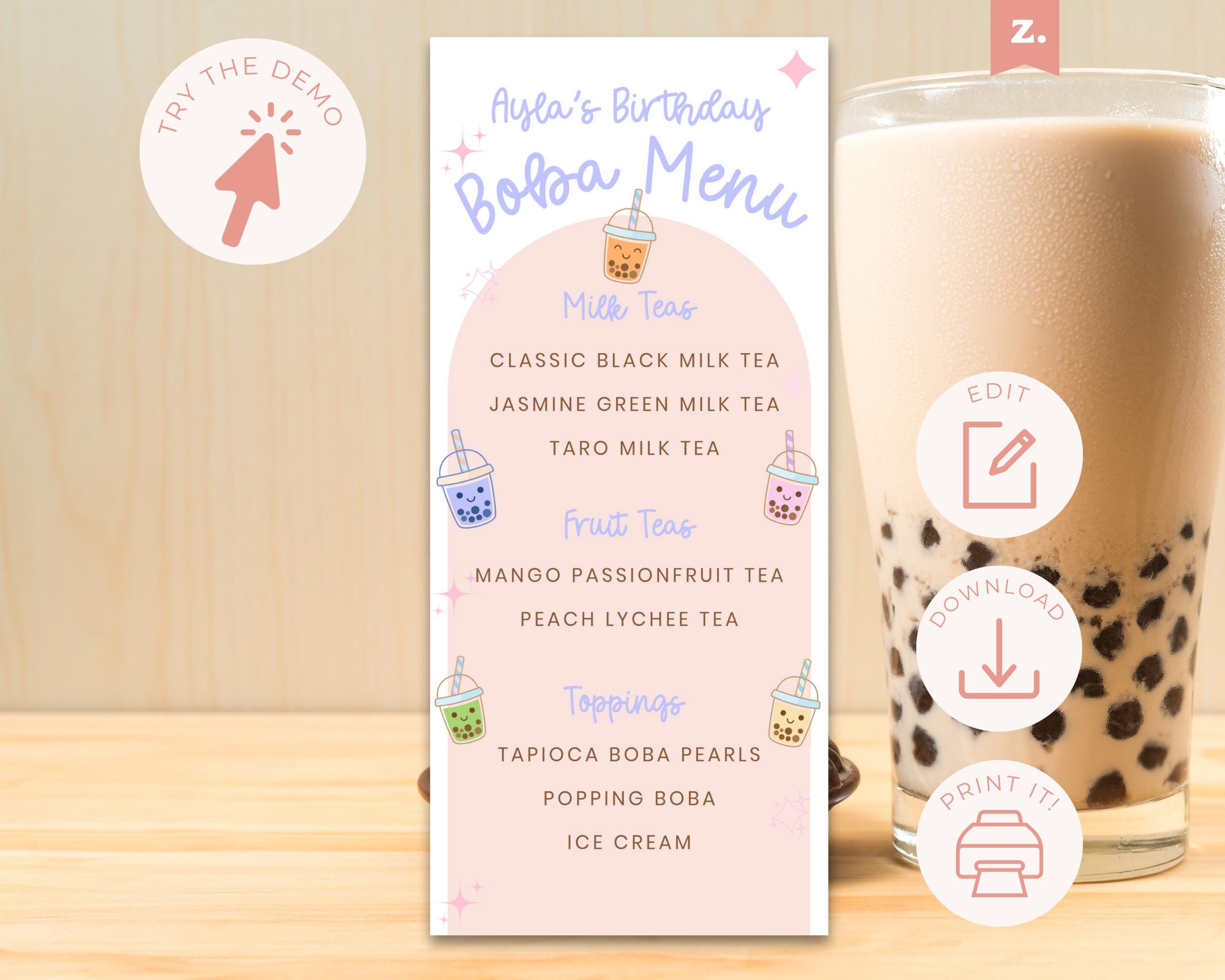 Boba Tea Birthday Drinks Menu Template | INSTANT DOWNLOAD | Bubble Tea ...