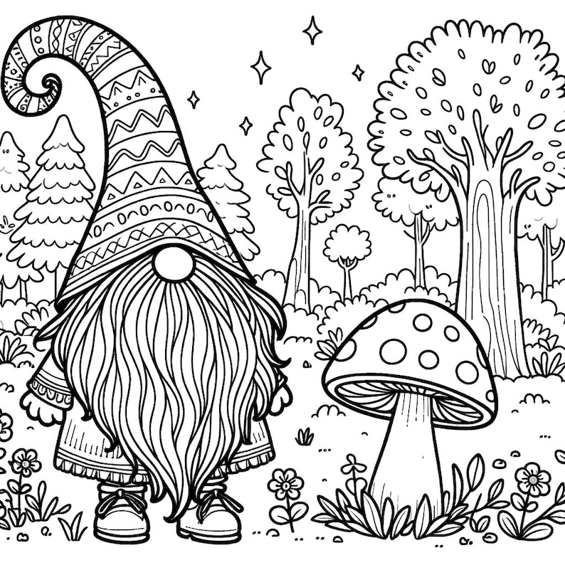 5 Gnome Coloring Pages, Enchanted Gnome Coloring Page, Fantasy Gnome ...