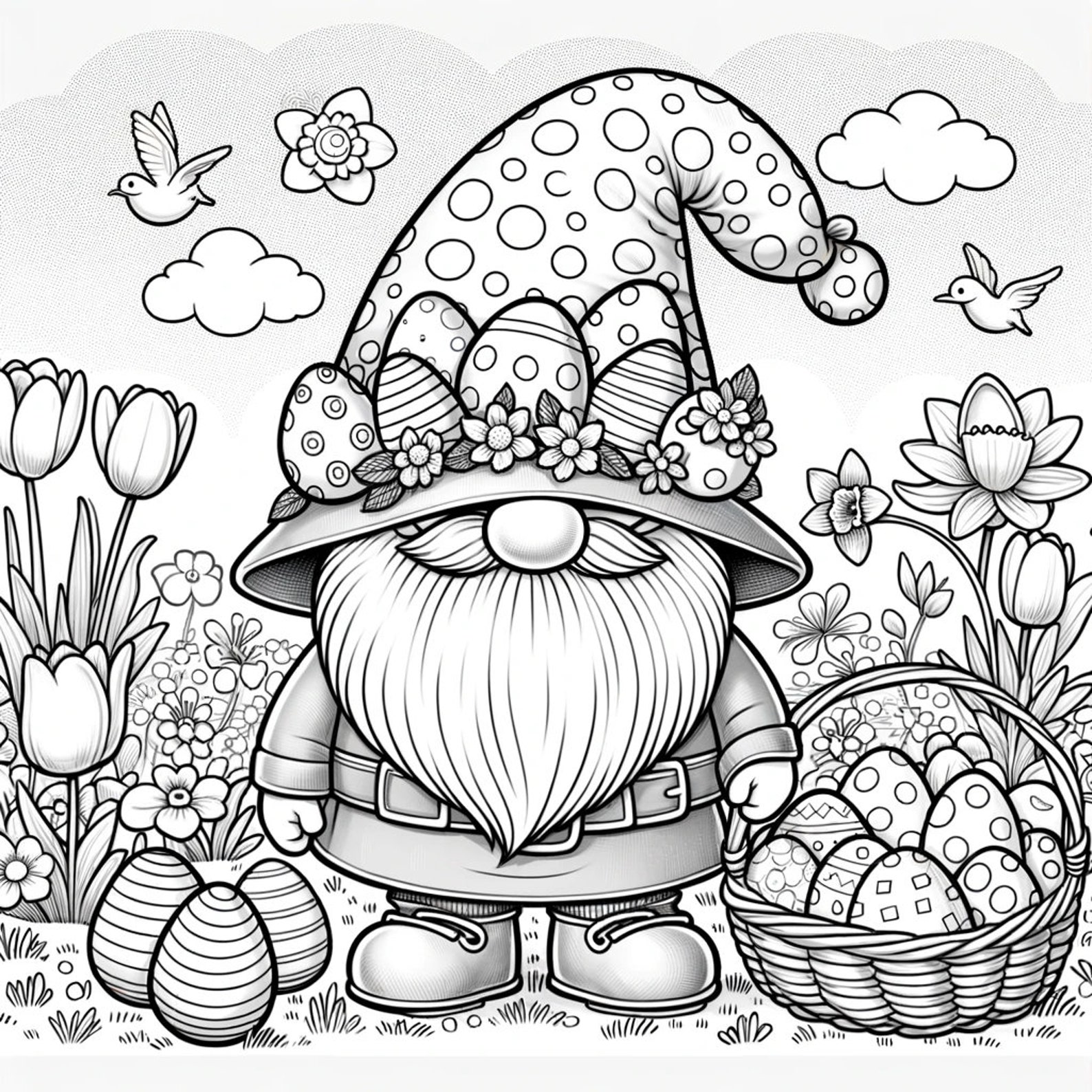 10 Easter Gnome Coloring Pages, Easter Gnome Coloring Bundle, Gnome ...