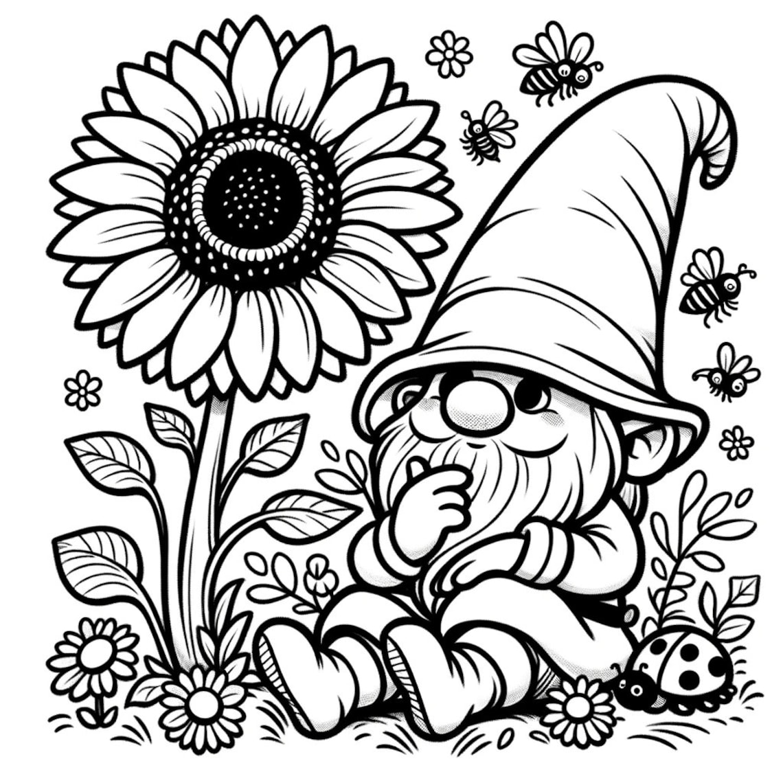 5 Sunflower Gnome Coloring Pages, Enchanted Sunflower Gnome Coloring ...