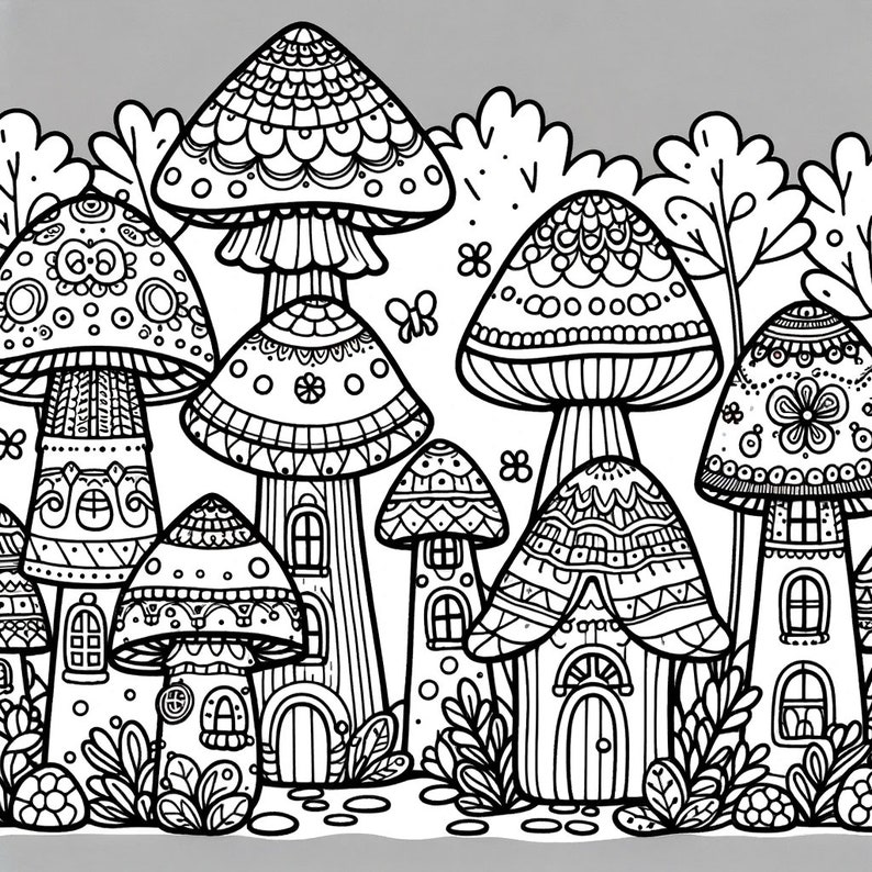 30 Mushroom House Coloring Pages, Enchanted Mushroom House Bundle, Cute ...