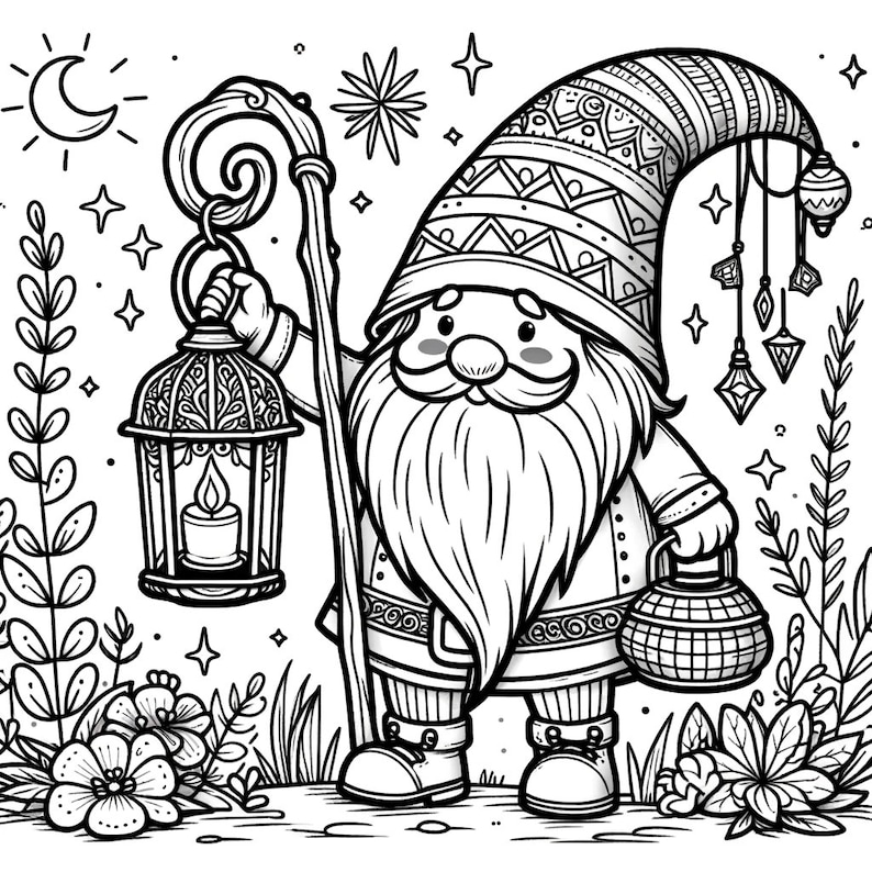 5 Gnome Coloring Pages, Enchanted Gnome Coloring Page, Fantasy Gnome ...